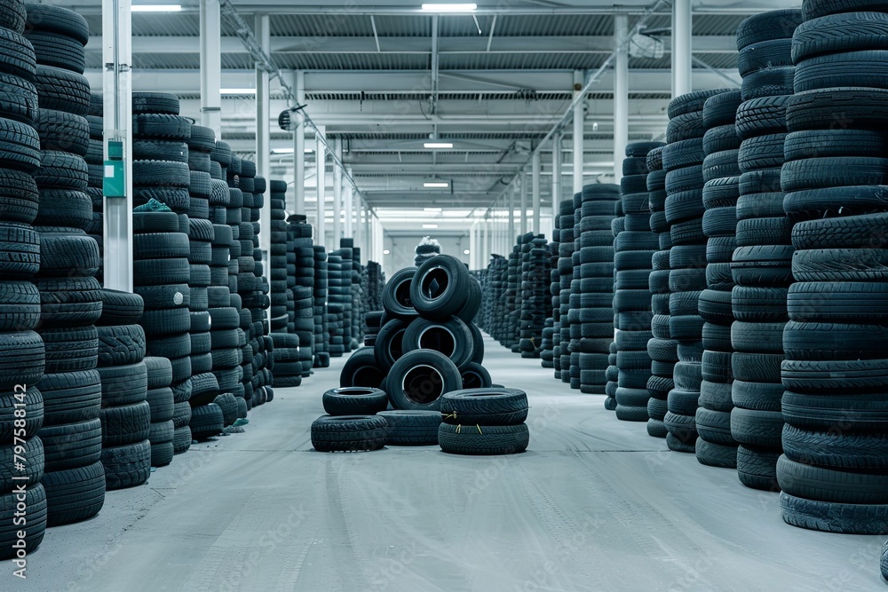 Piles of car tires in factory storage area. Concept Industrial Waste ...