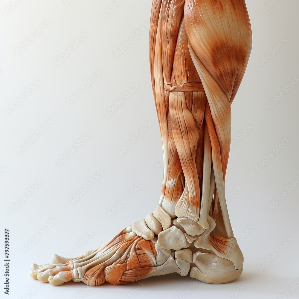 Anatomic model of the human leg and foot showing muscles and tendons ...