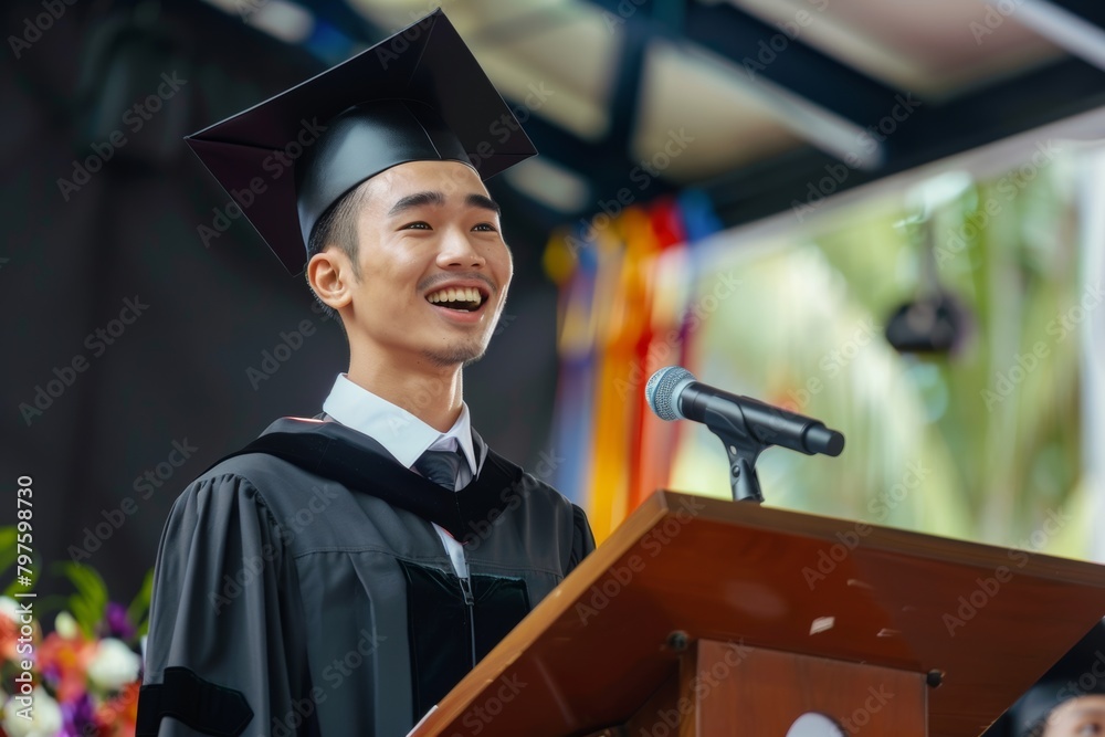 young student man giving graduation speech to other graduated people ...
