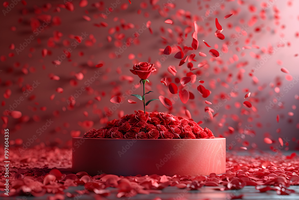 Single red rose rising from a bed of petals with dynamic petal ...