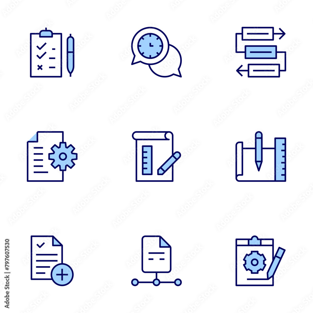 Project icon set. Duo tone icon collection. Editable stroke, blueprint ...