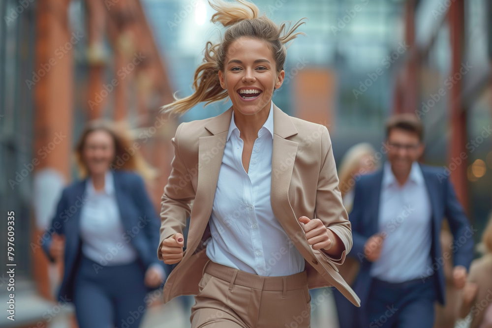 young successful businessmen with creative ideas are running in the ...