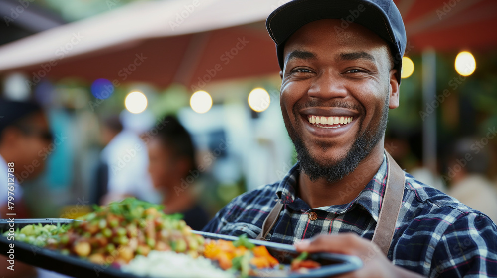 A close-up shot of a food delivery man's friendly grin as he presents a ...