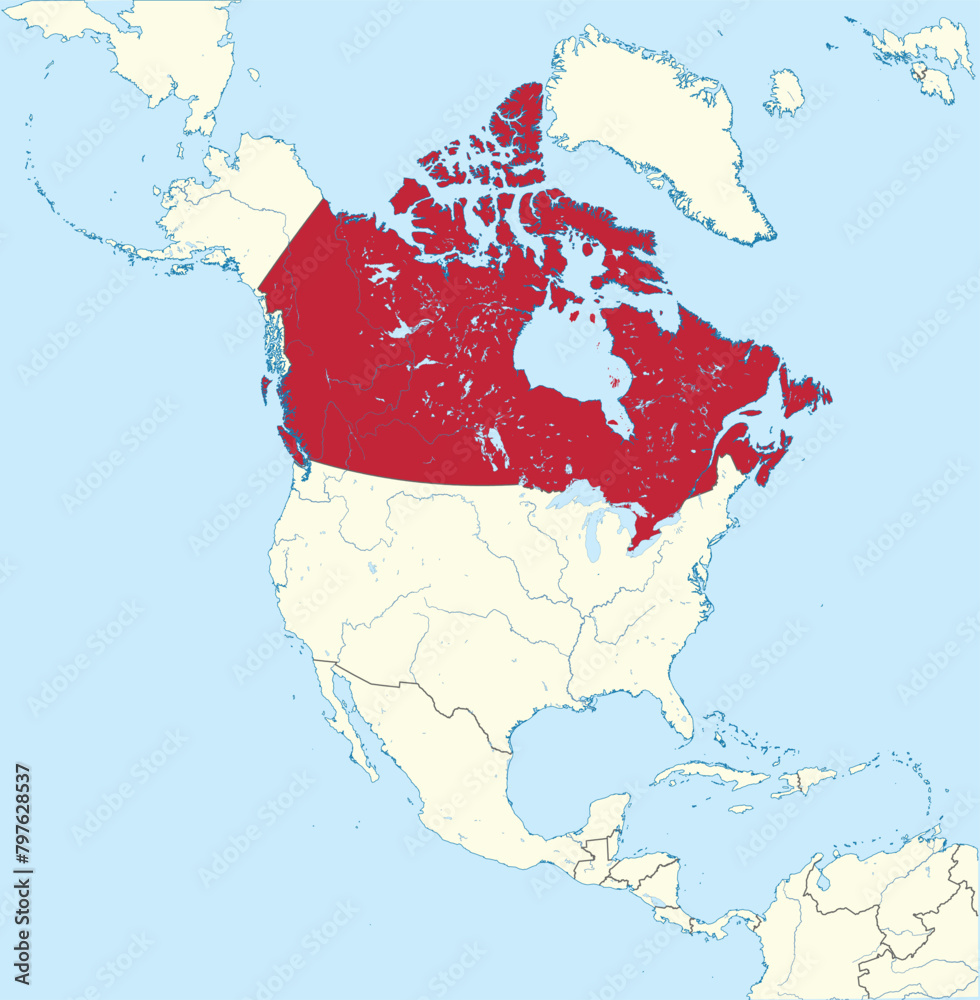 Red detailed blank political map of CANADA with blue water surfaces ...