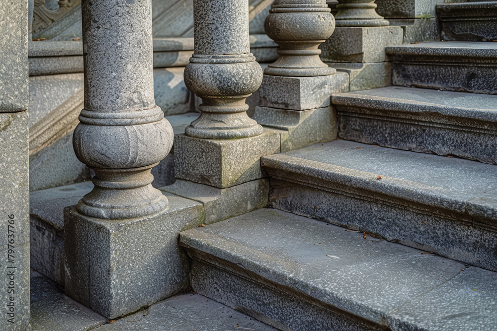 Stone colonnade and stairs detail. Classical pillars row in a building ...