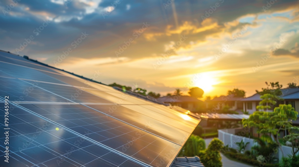 Wideangle advertising image of a rooftop covered in silver solar panels ...