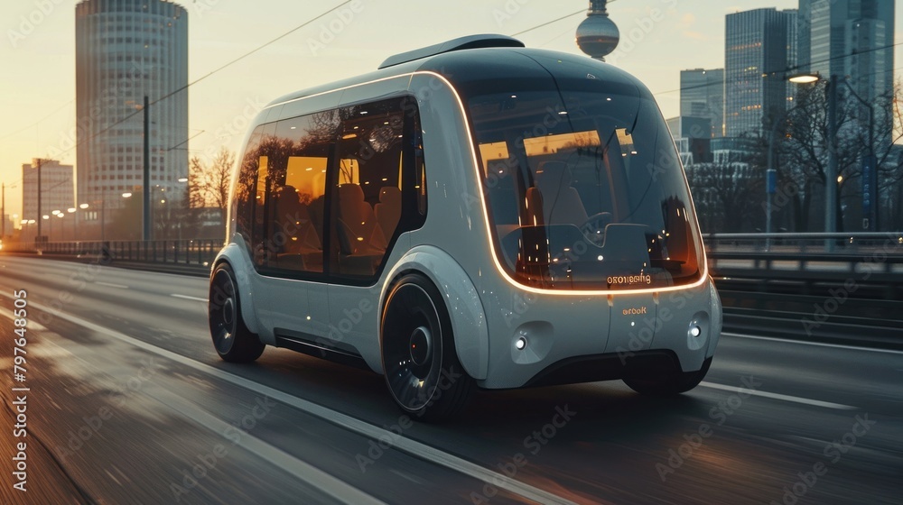 Futuristic Self-Driving Van Moving on a Highway in a Modern City Stock Photo | Adobe Stock
