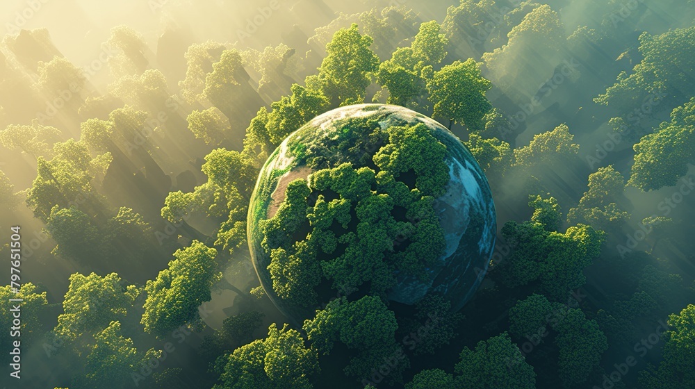 Aerial top view of green forest tree and global globe, Tropical rain ...