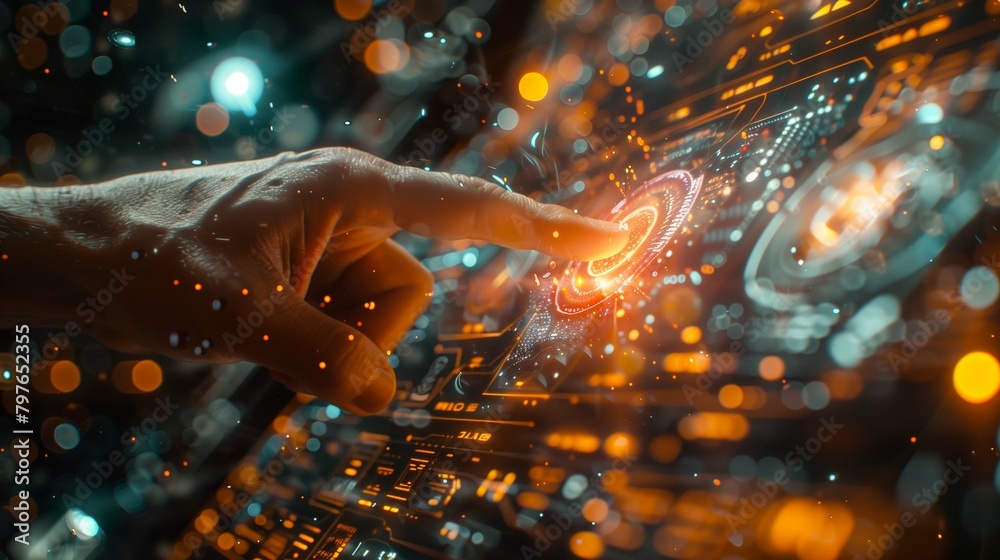 a finger pointing at a futuristic transparent screen, resembling a ...