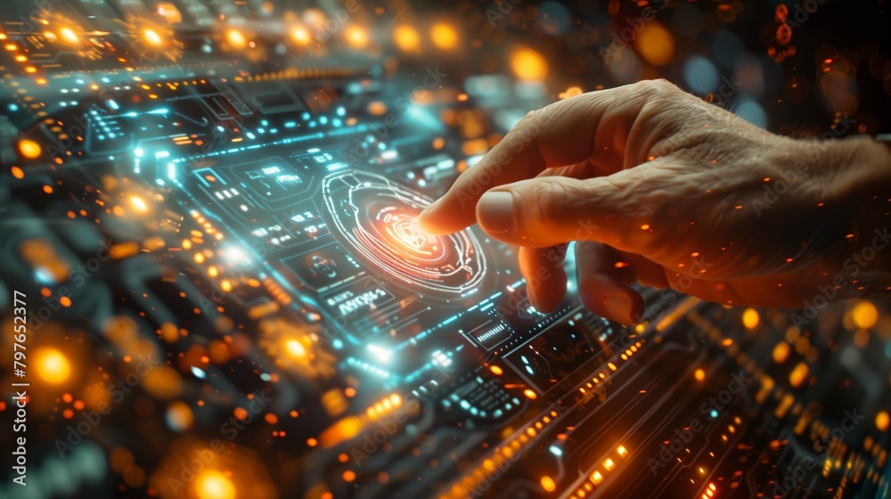 a finger pointing at a futuristic transparent screen, resembling a ...