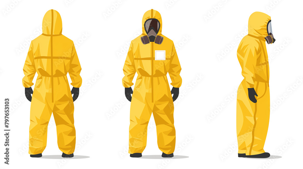 Vector illustration of man in yellow hazmat suit with front, back and ...