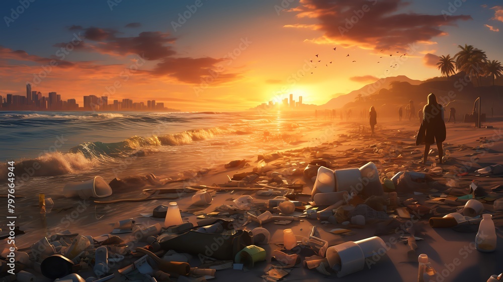 Crowded beach scene with excessive litter and pollution, illustrating ...