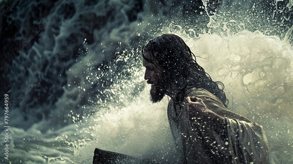Jesus calming the storm, demonstrating his authority over nature and ...