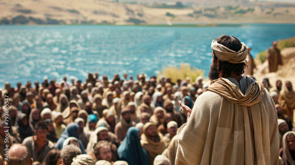 Jesus preaching to a crowd by the shores of the Sea of Galilee, using ...