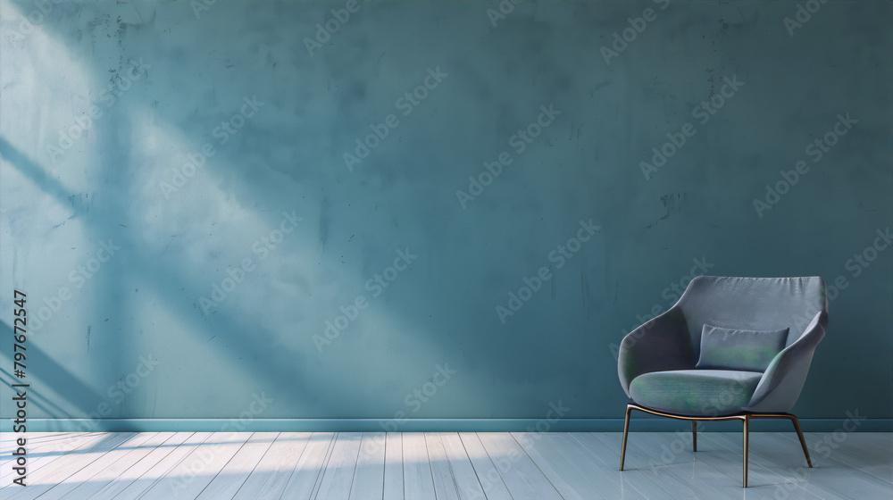 Blue comfy chair minimal interior design empty room with sunlight and ...