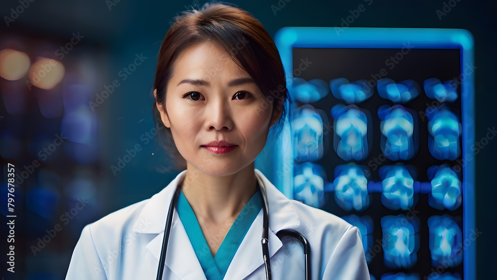 Beautiful middle-aged Asian woman doctor looks forward. hospital blue ...