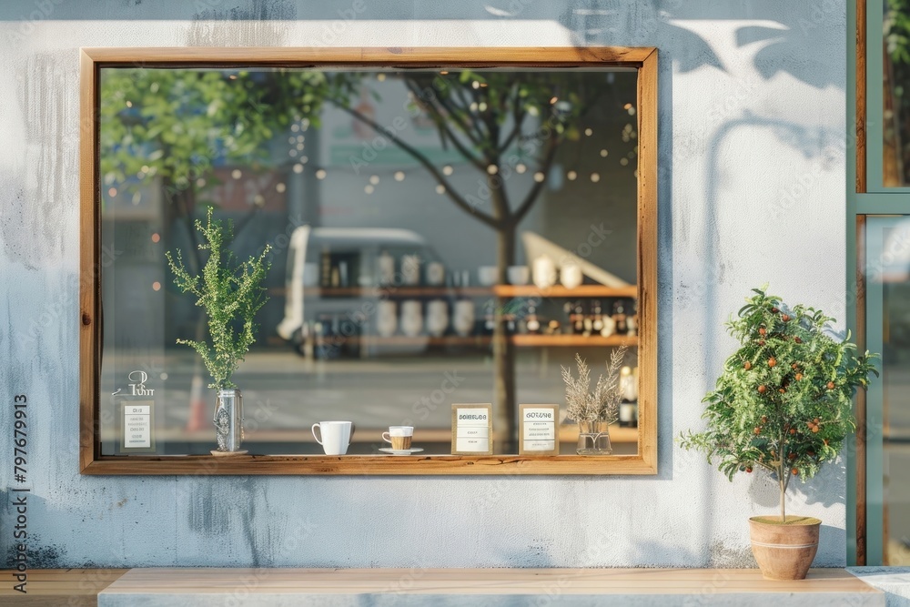 Coffee shop window mockup windowsill indoors plant. Stock Photo | Adobe ...