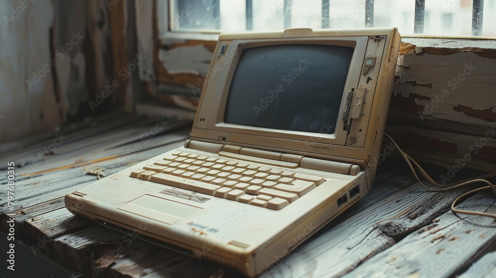 Vintage laptop computer on a worn wooden window sill, exemplifying ...