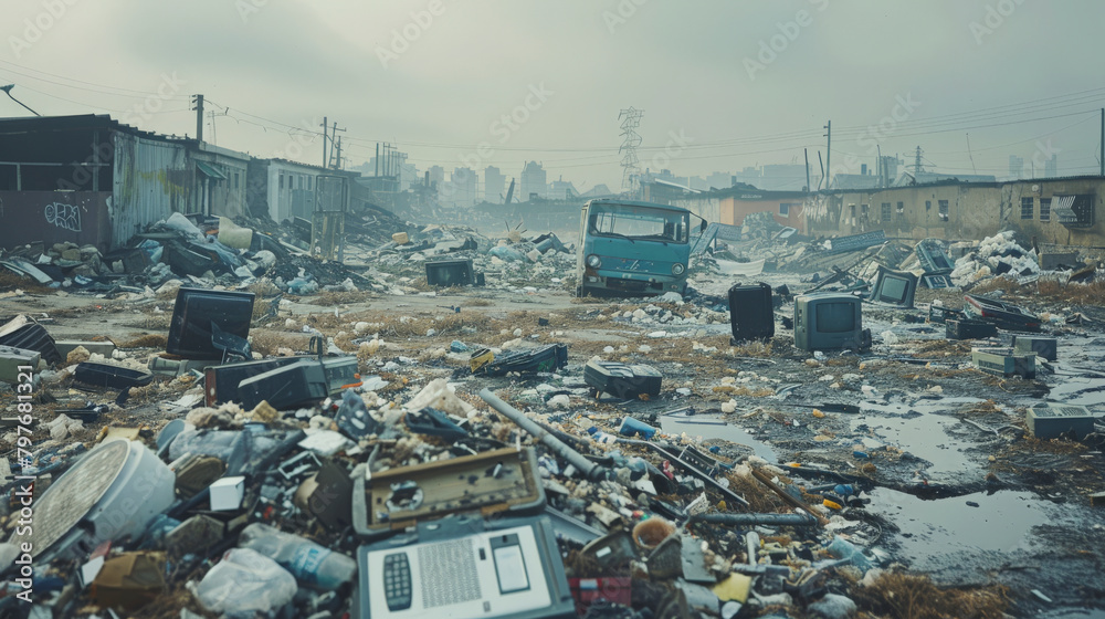 Polluted, littered landscape with electronic waste, debris, a broken ...