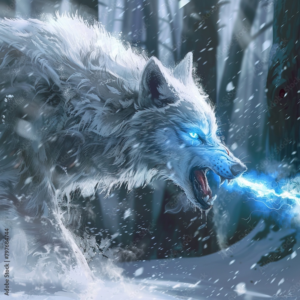 A fierce white wolf fenrir with blue eyes and a lightning bolt in its ...