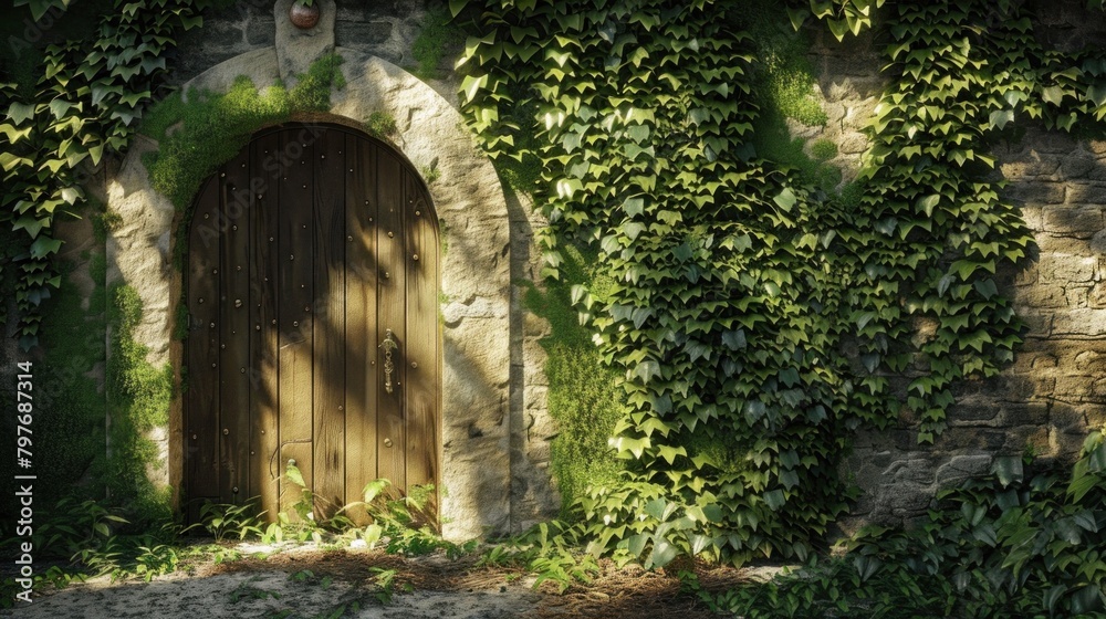 Magical secret garden hidden behind old ivy-covered wall with hidden ...