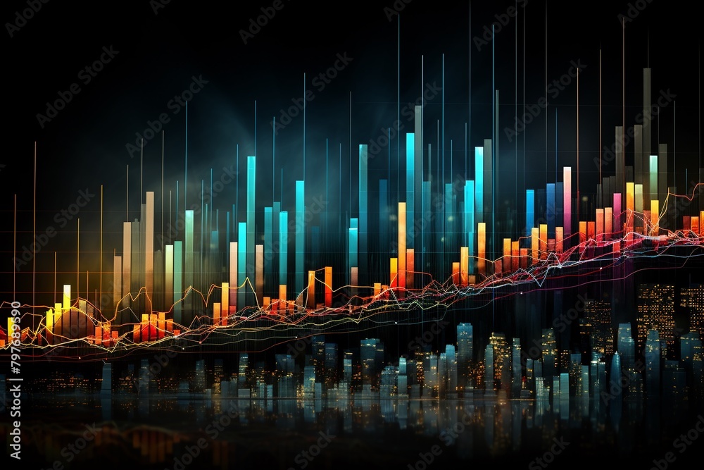 Detailed stock market chart displaying growth over time, vivid colors ...