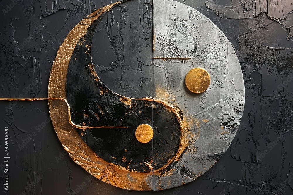 An abstract depiction of a yin-yang symbol, with a golden line dividing ...