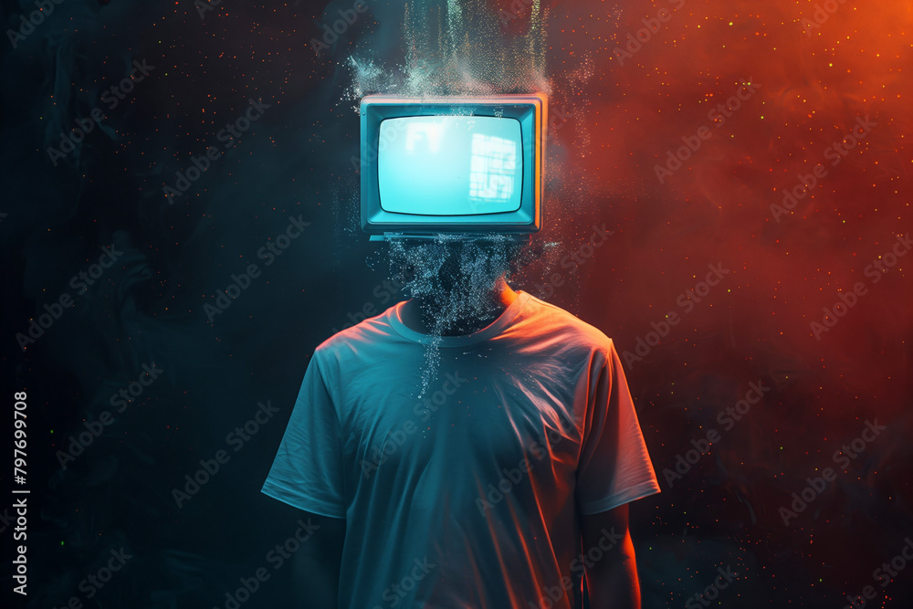 Man with a smoking TV sceen instead of a head, art Stock Illustration ...