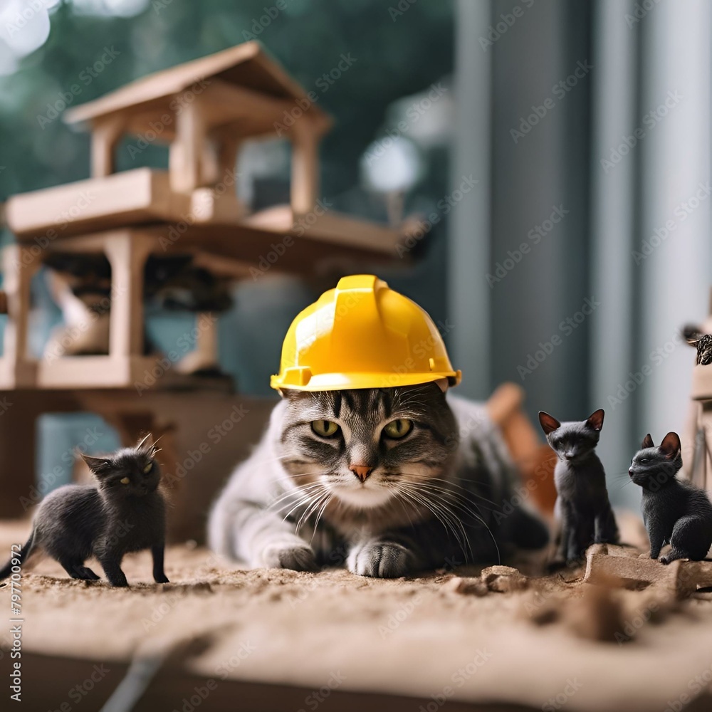 AI generated illustration of a cat wearing a hard hat sits near mice ...