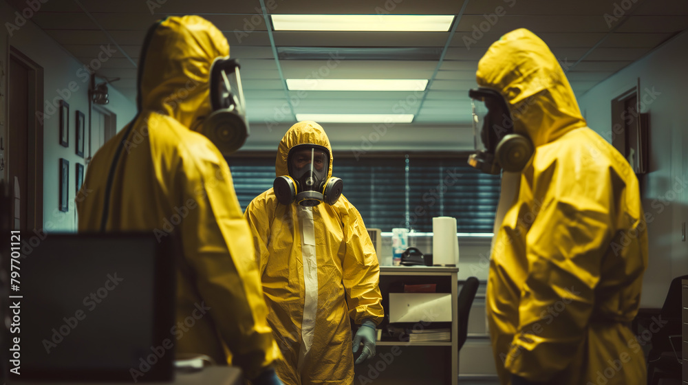 3 people in hazmat suits standing inside an office, deliberating next ...