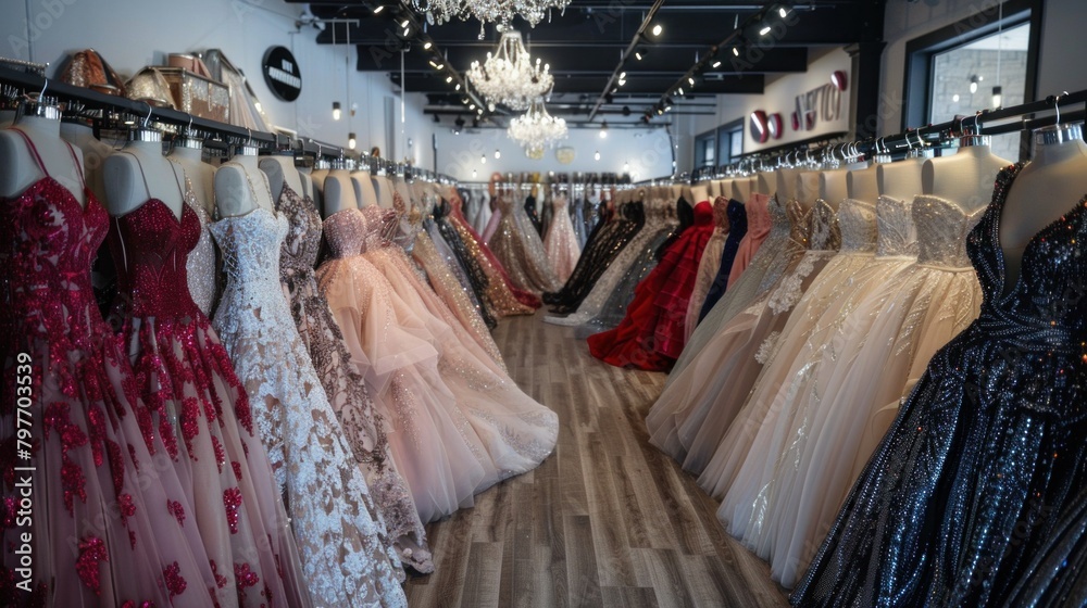 Elegant evening gowns on display in modern boutique with variety of ...
