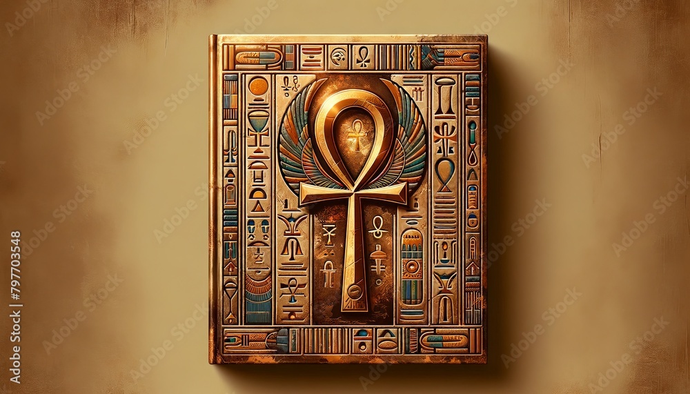 An illustration of an ancient book adorned with the Ankh symbol and ...
