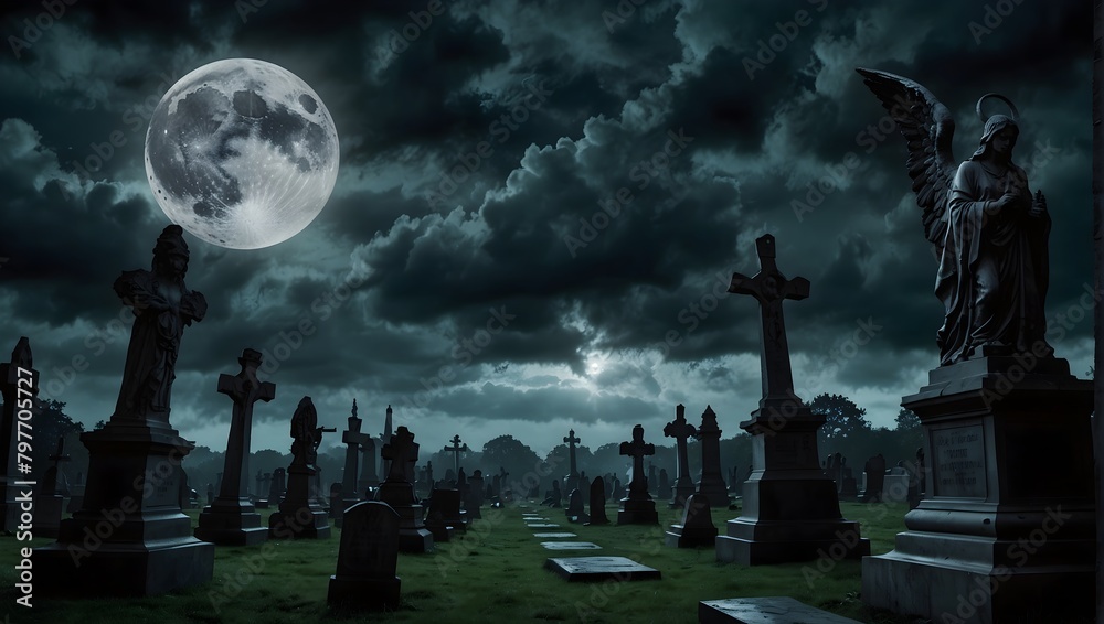 A gothic-style graveyard with dramatic angel statues, dark clouds ...