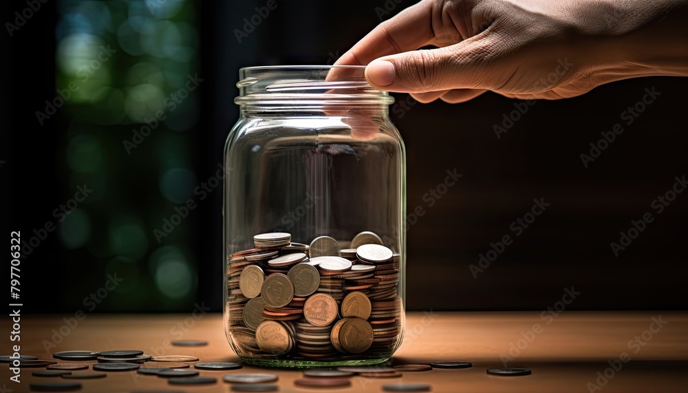 A persons hand is shown inserting coins into a glass jar. The jar is ...