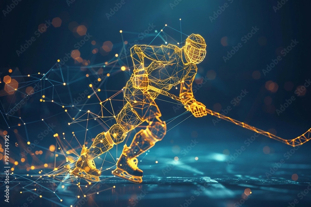 technology in hockey game, digital yellow low poly hockey player with ...