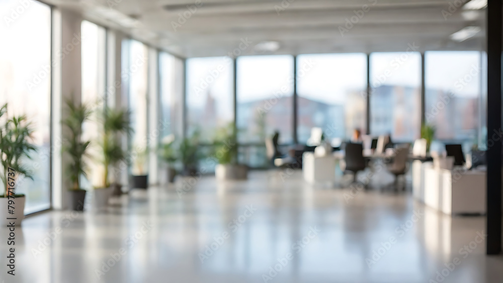 blurred background of a modern office interior with panoramic windows ...