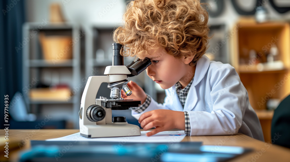 A boy in a lab coat studying through a microscope, located in a ...
