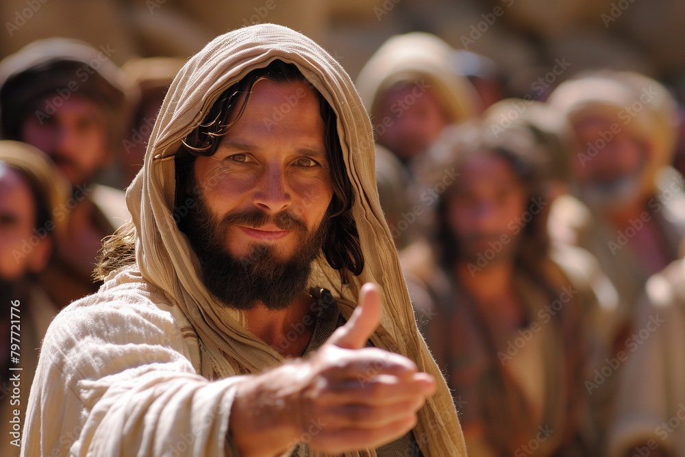 Jesus extending his hand in a gesture of inclusion and grace ...