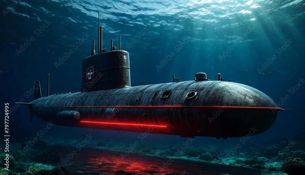 Military submarine with red lights sailing deep underwater. Submarine ...