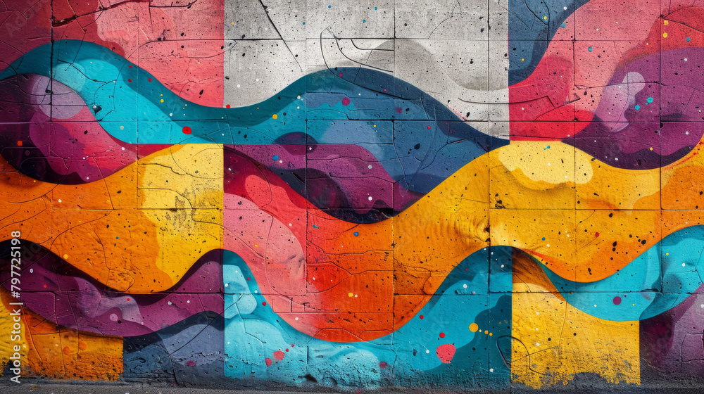 Colorful and dynamic graffiti art displayed on a city street wall ...