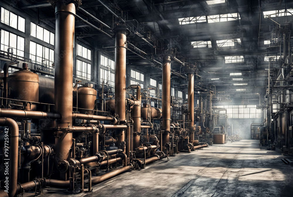 Tinted snapshot of old industrial interior of Factory floor with pipes ...