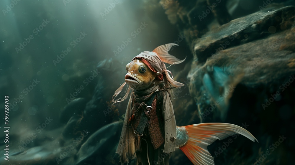AI generated illustration of a fish in pirate attire with eye patch and ...