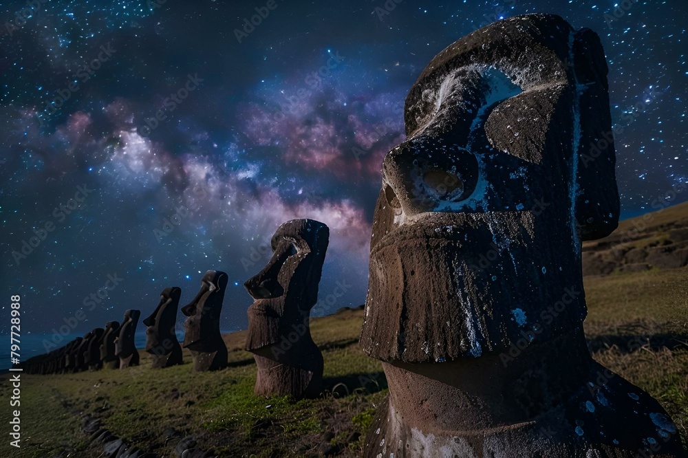 AI generated illustration of Moai statues against a milky way backdrop ...