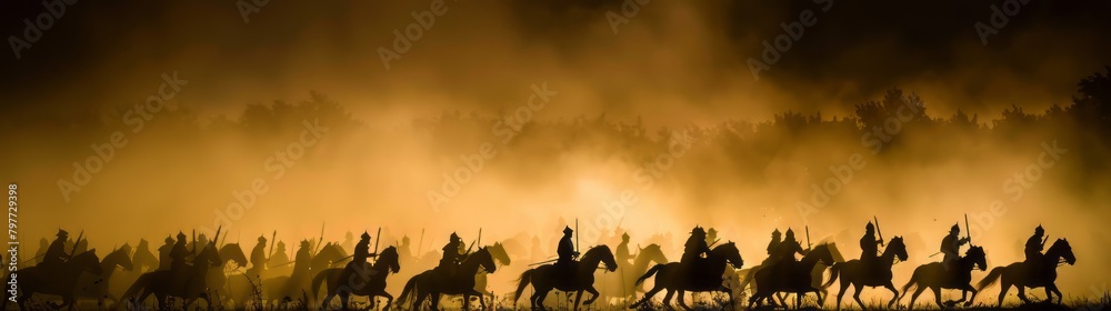 Medieval battle scene with cavalry and infantry. Silhouettes of figures ...