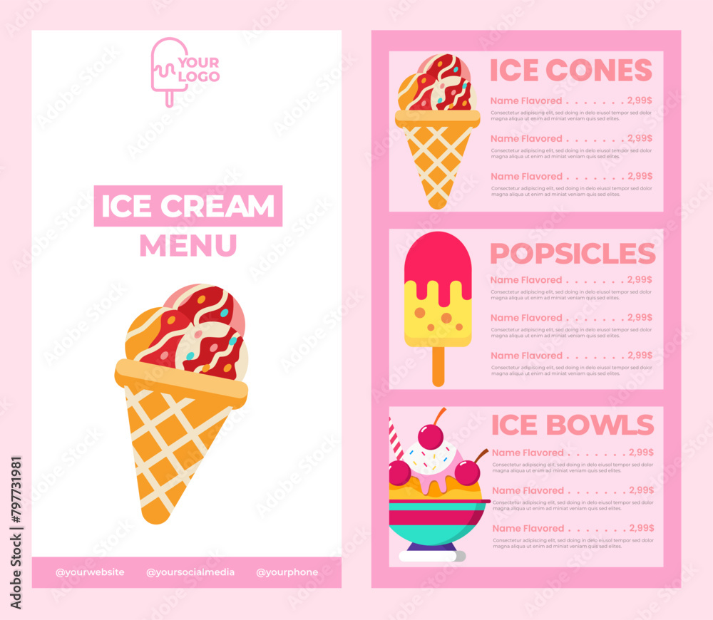 cute pastel pink ice cream menu template for restaurant, shop, and cafe ...