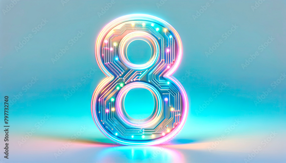 Neon number eight with electronic circuit design on a gradient ...