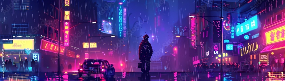 Pixel art cyberpunk rooftop chase scene with neon lights, rain, and ...