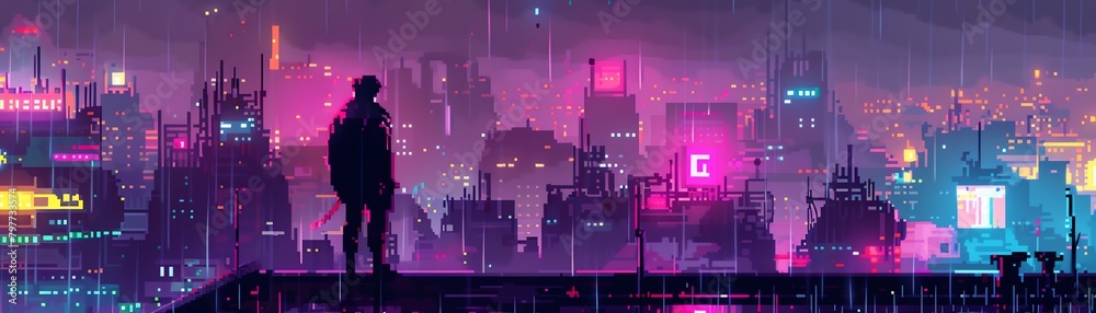 Pixel art cyberpunk rooftop chase scene with neon lights, rain, and ...