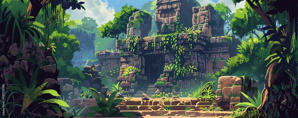 Pixel art lost civilization jungle ruins exploration with ...