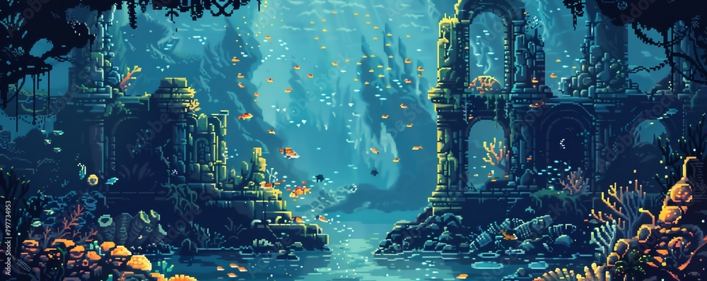 Pixelated deep-sea adventure with mythical sea creatures and ancient ...